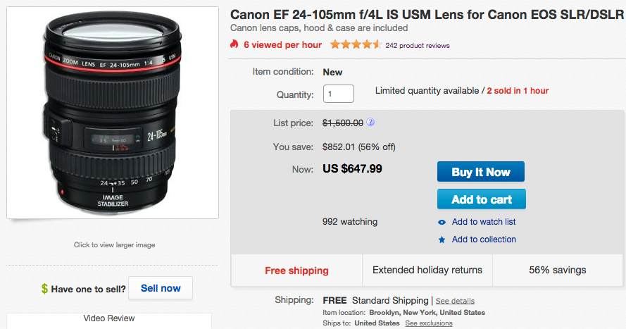 eBay Watch: Incredible Deal on Canon 24-105mm f/4L IS Lens